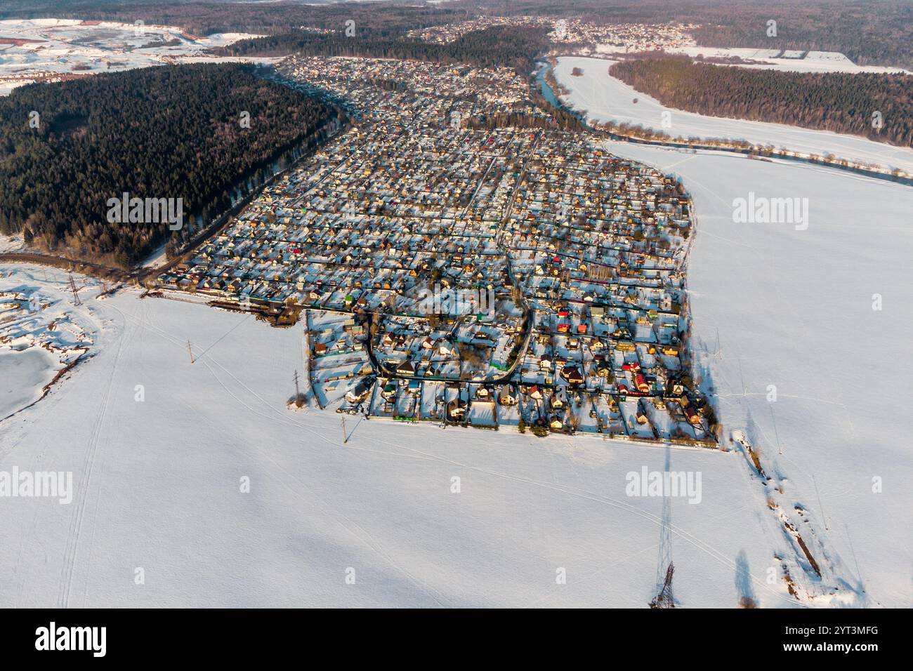 Aerial view of snowy countryside in winter Stock Photo - Alamy