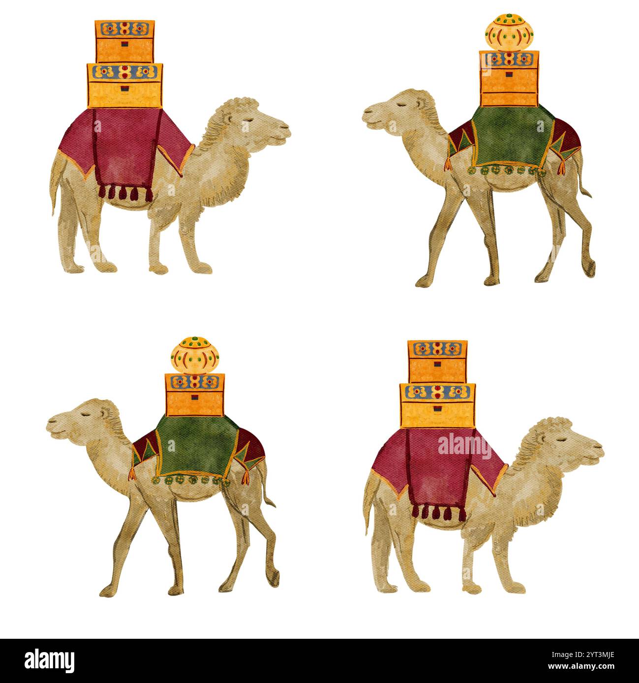 Camel with gifts in chests Christmas watercolor seamless pattern. Hand ...