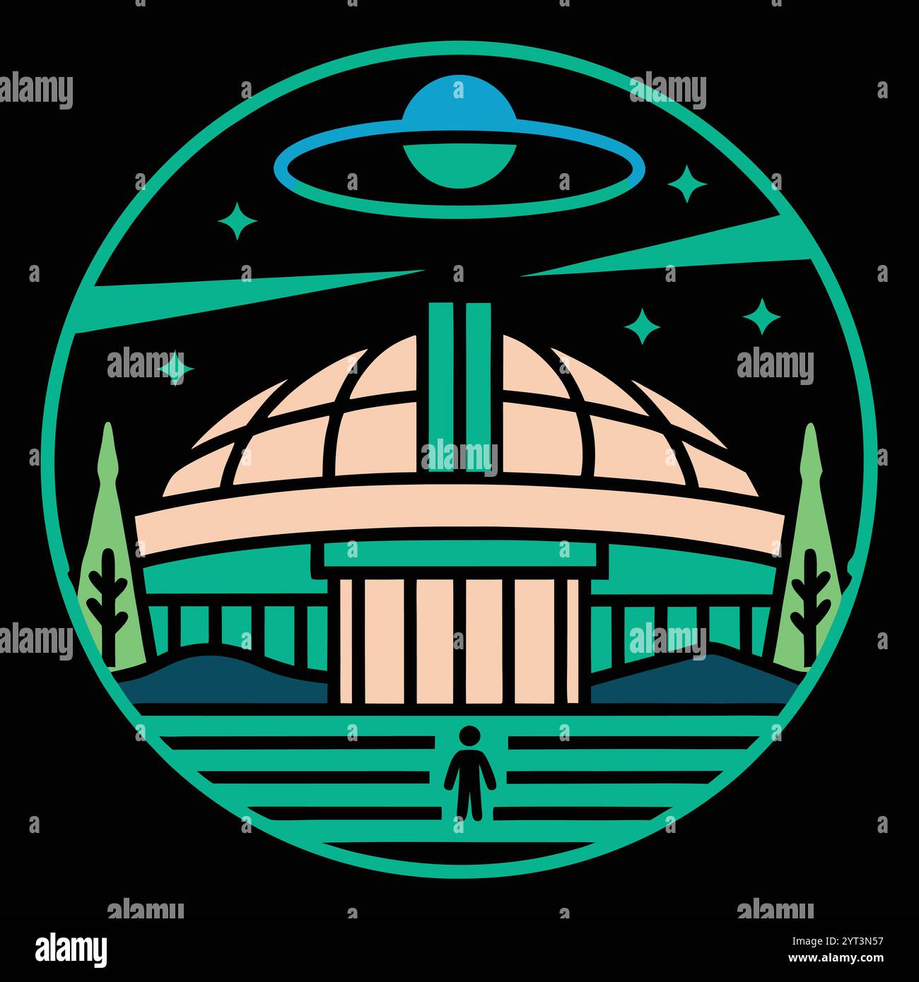 Abstract Dome Building with Green Path and Figures Vector Graphic ...