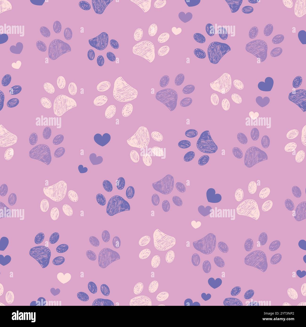 Pink purple doodle paw prints and hearts seamless fabric design pattern ...
