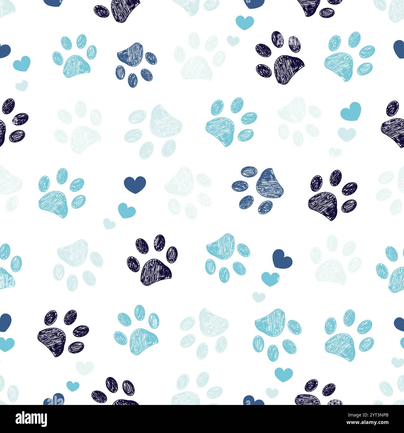 Blue colored doodle paw prints and hearts seamless fabric design ...