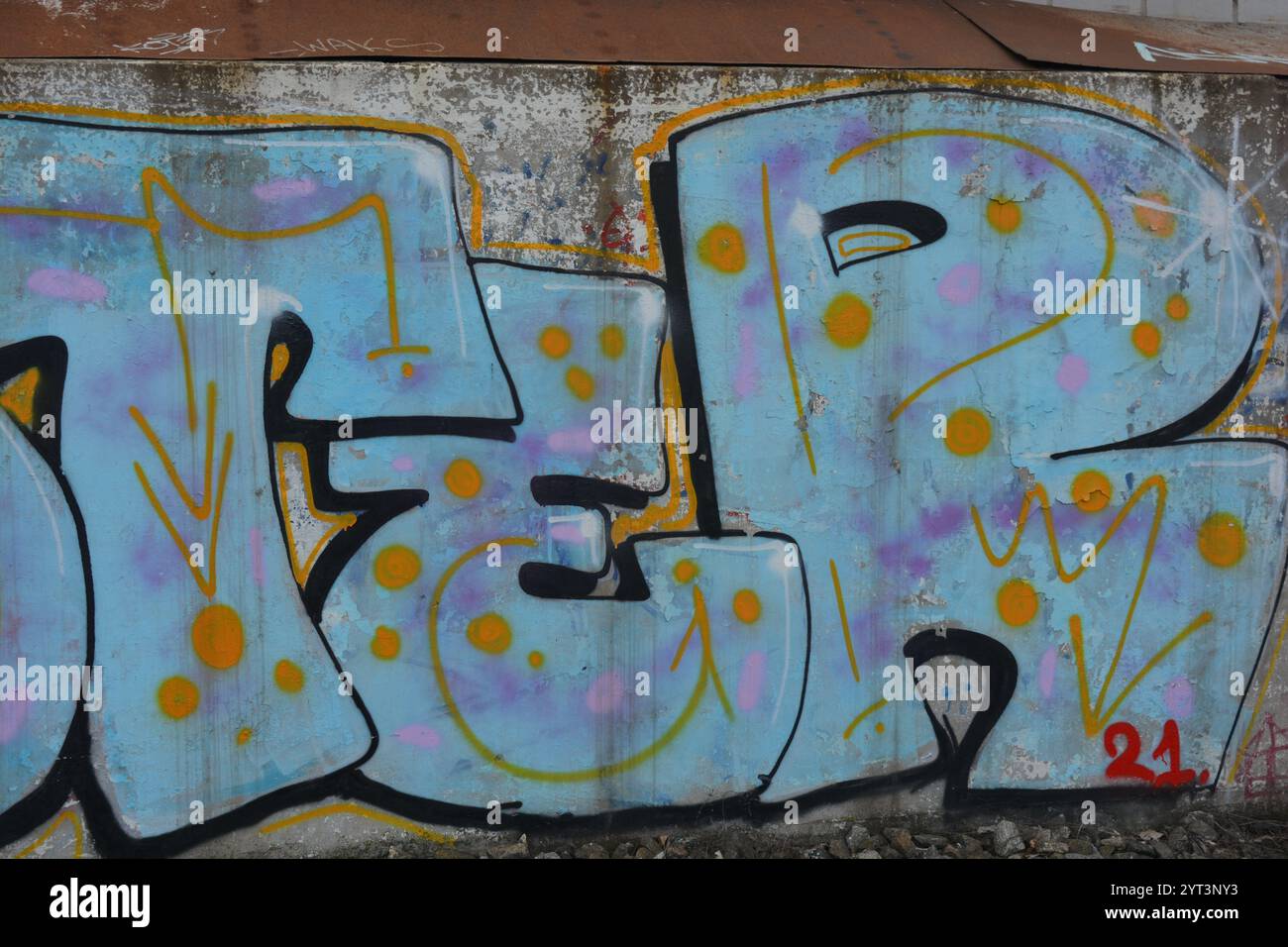 Beautiful bright and unusual inscriptions of various words in blue with ...