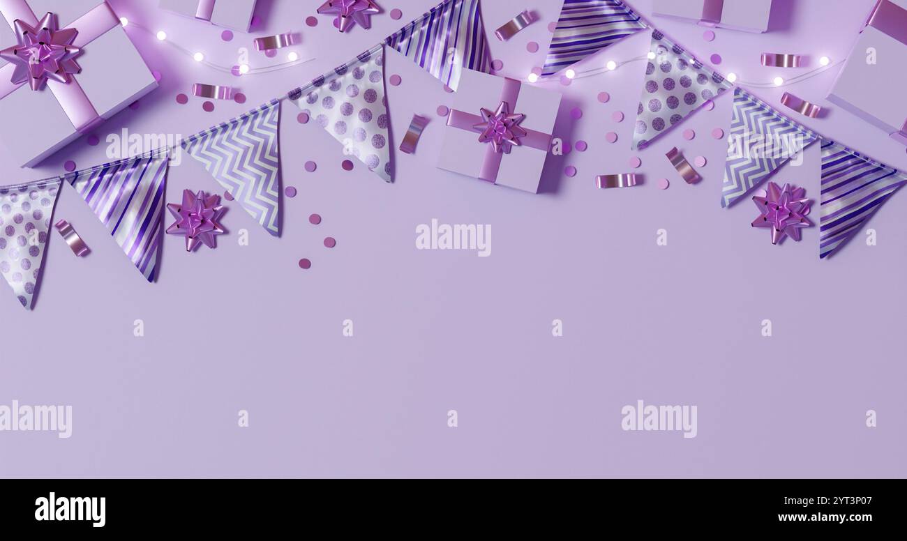 Gift Boxes and Streamers in Purple, Cheerful Celebration 3D Render ...