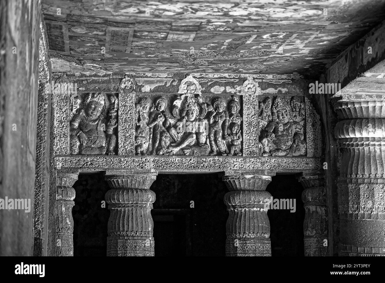 Colonnades with high reliefs in the veranda of Ajanta Caves of India ...