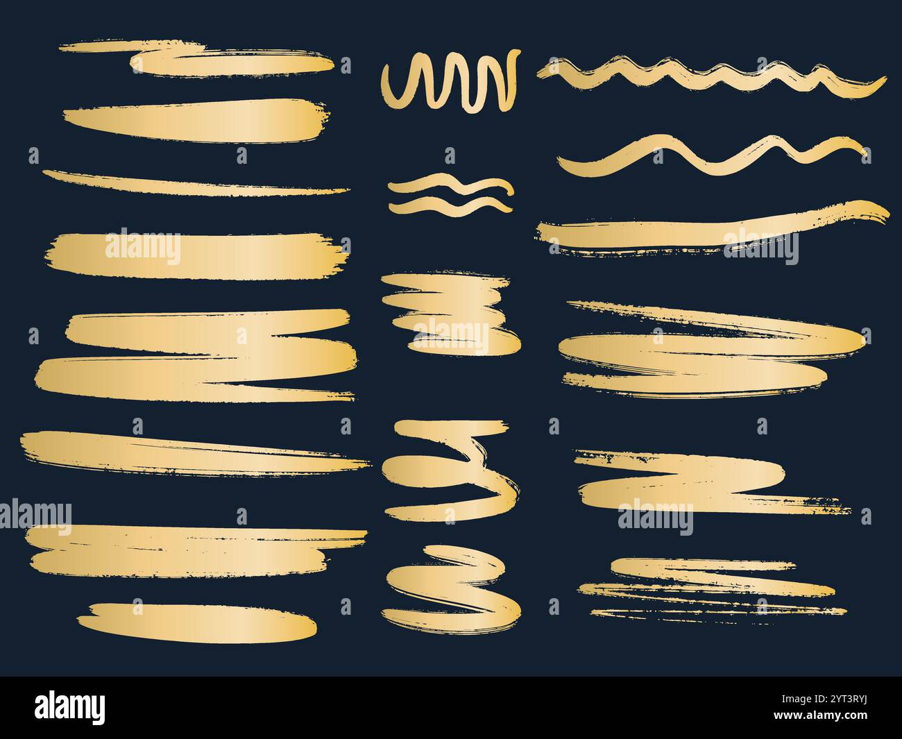 Gold texture brush strokes set. Golden grunge lines, spots, curve, wave - design elements ...