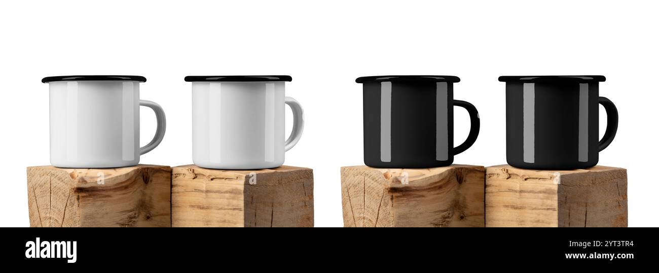 Mockup of white, black enamel mugs with black rim, on old square wooden ...