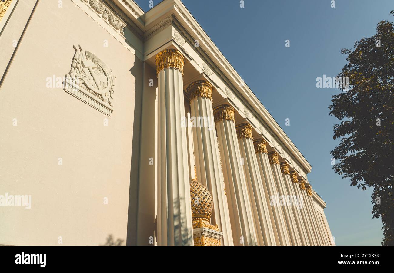 Tall, massive columns of a vintage, old building. Bottom-up view Stock ...