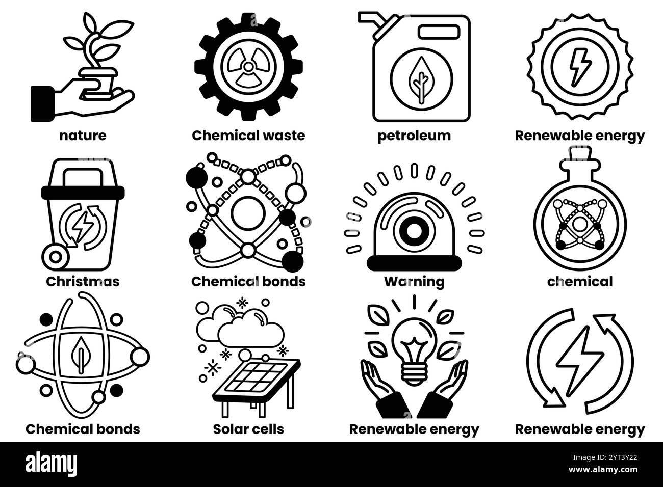 Set of illustrations in the concept of renewable energy in line drawing ...