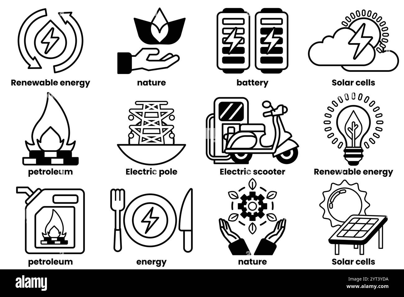 Set of illustrations in the concept of renewable energy in line drawing ...