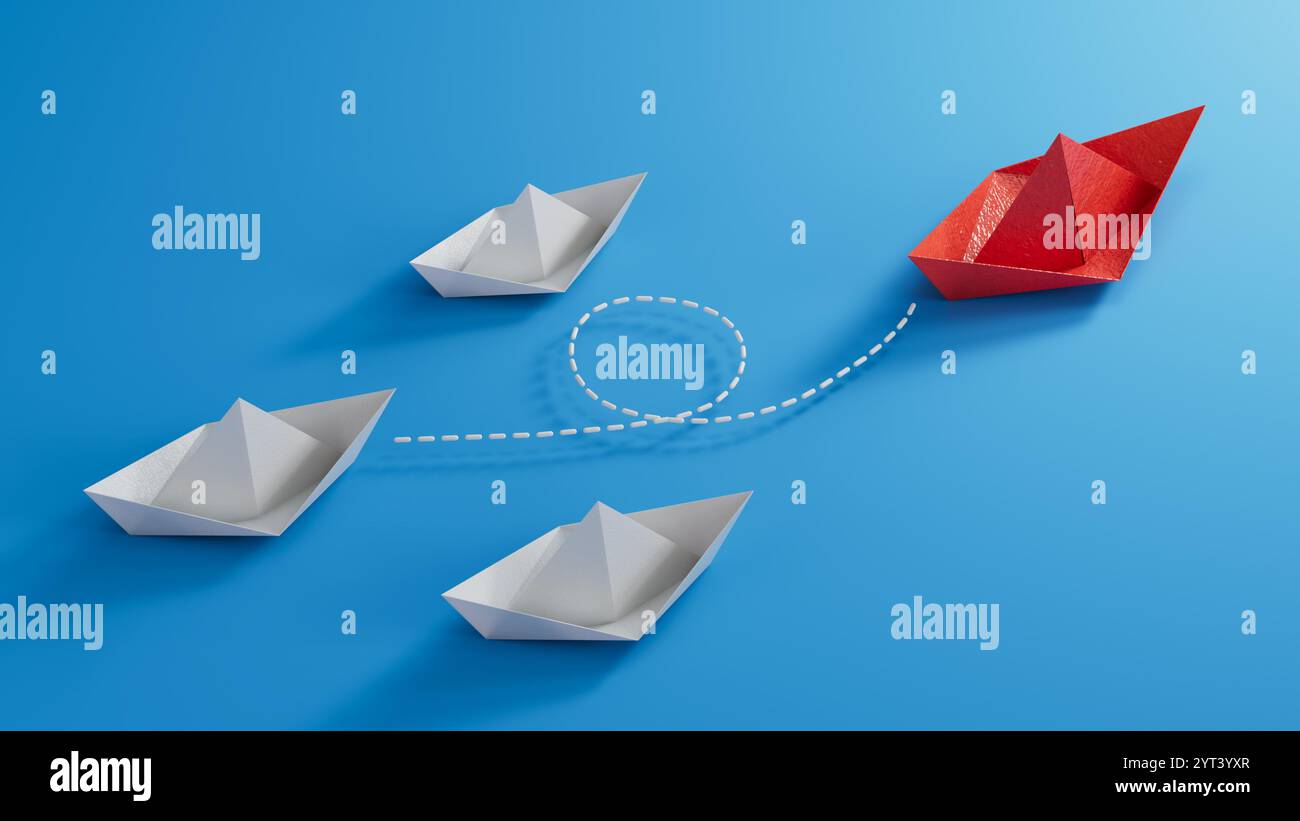 leader boat and paper boats.new ideas. paper art style. creative idea ...
