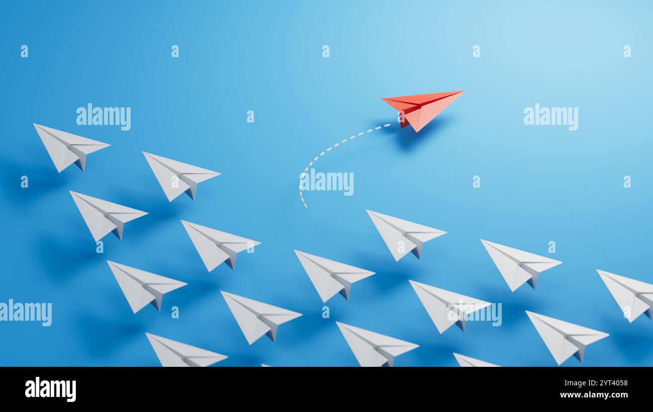 Red paper plane floating between others on light blue background, flat ...
