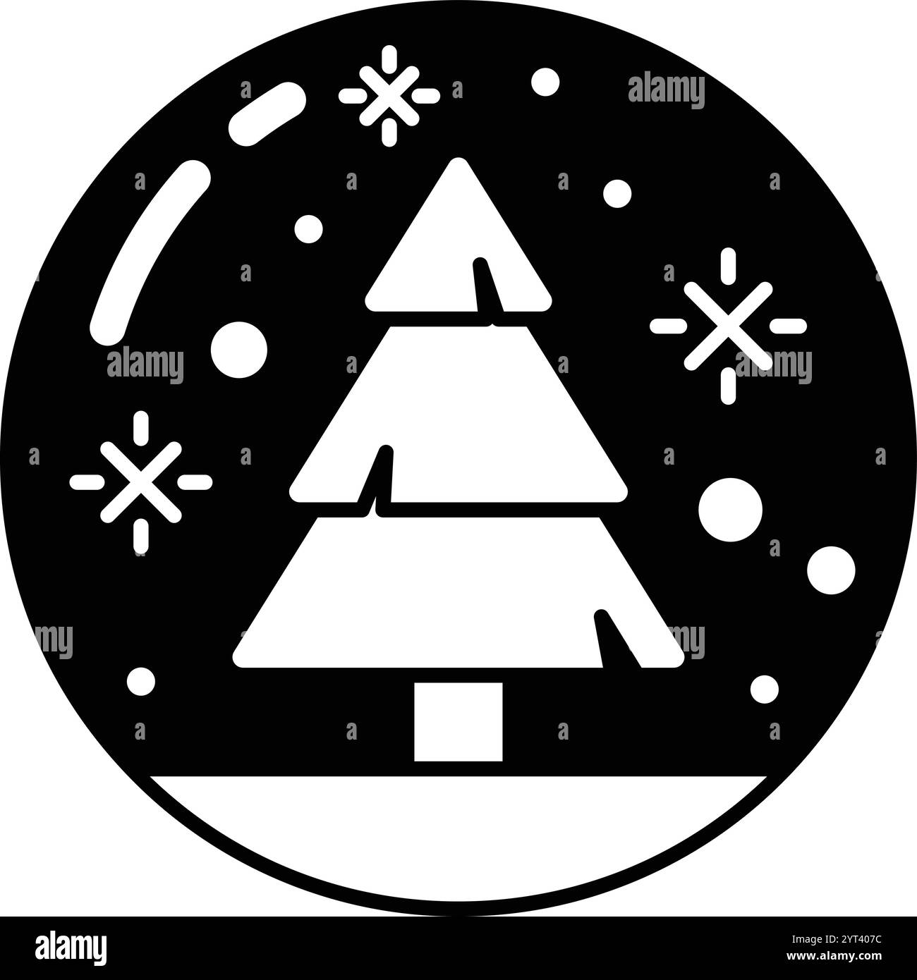 A Christmas tree is shown in a circle with snowflakes falling around it ...