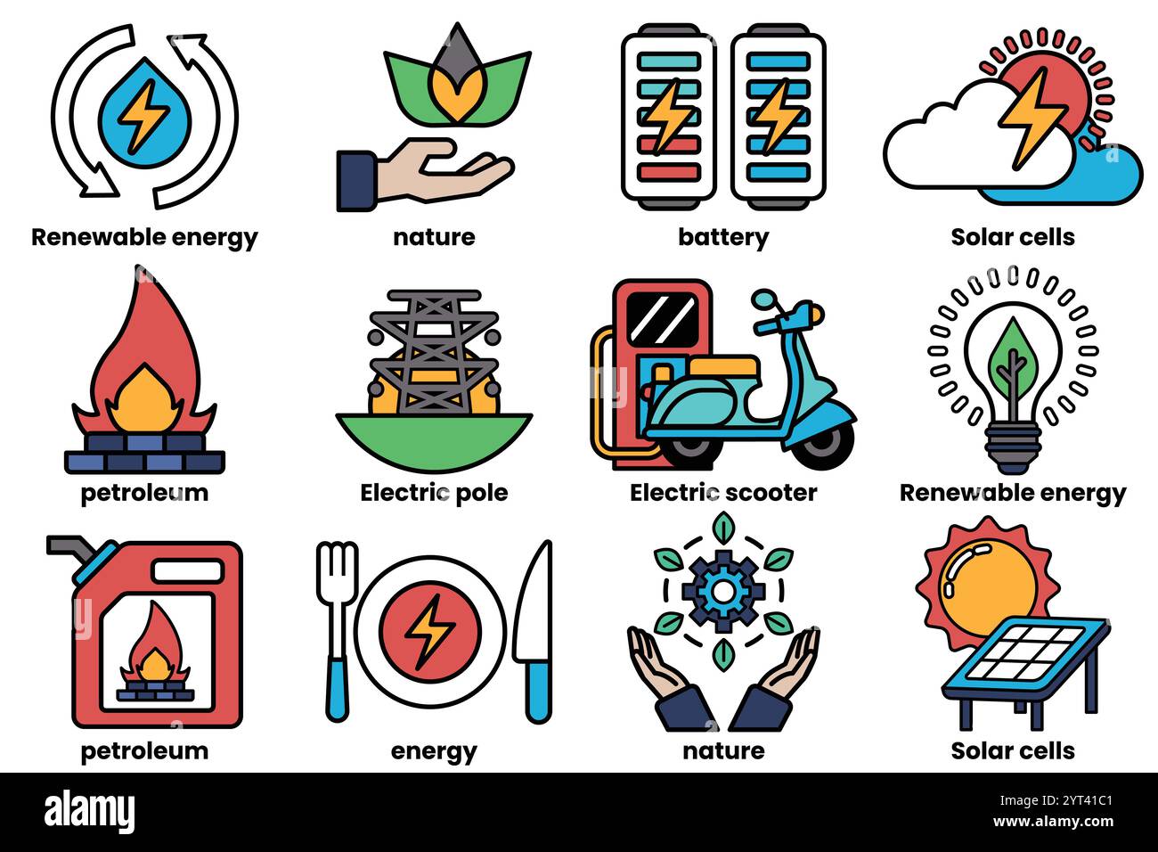 Set of illustrations in the concept of renewable energy in line drawing ...