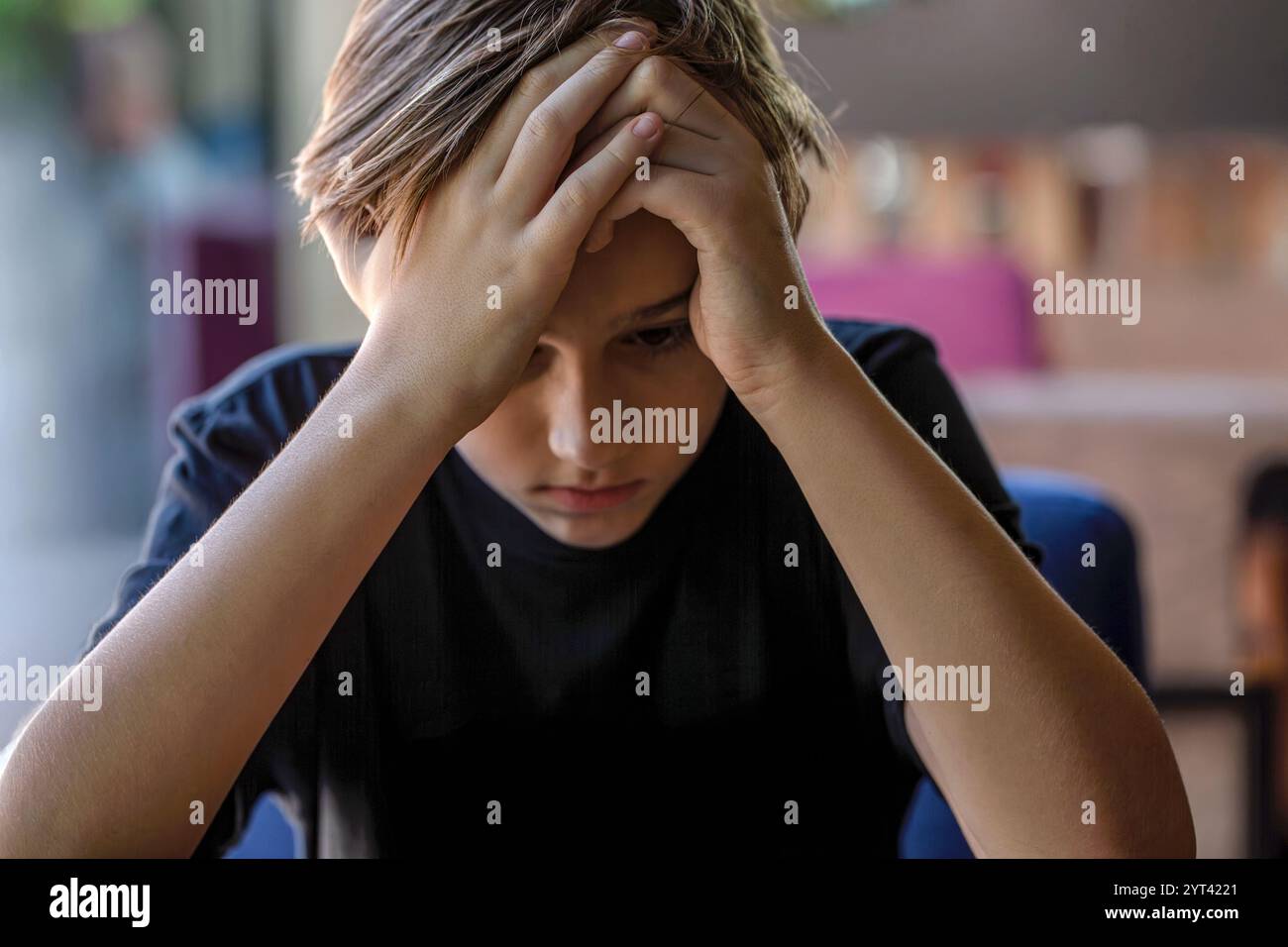 Sad child, stress and depression. Fear children hand cover face. Boy ...
