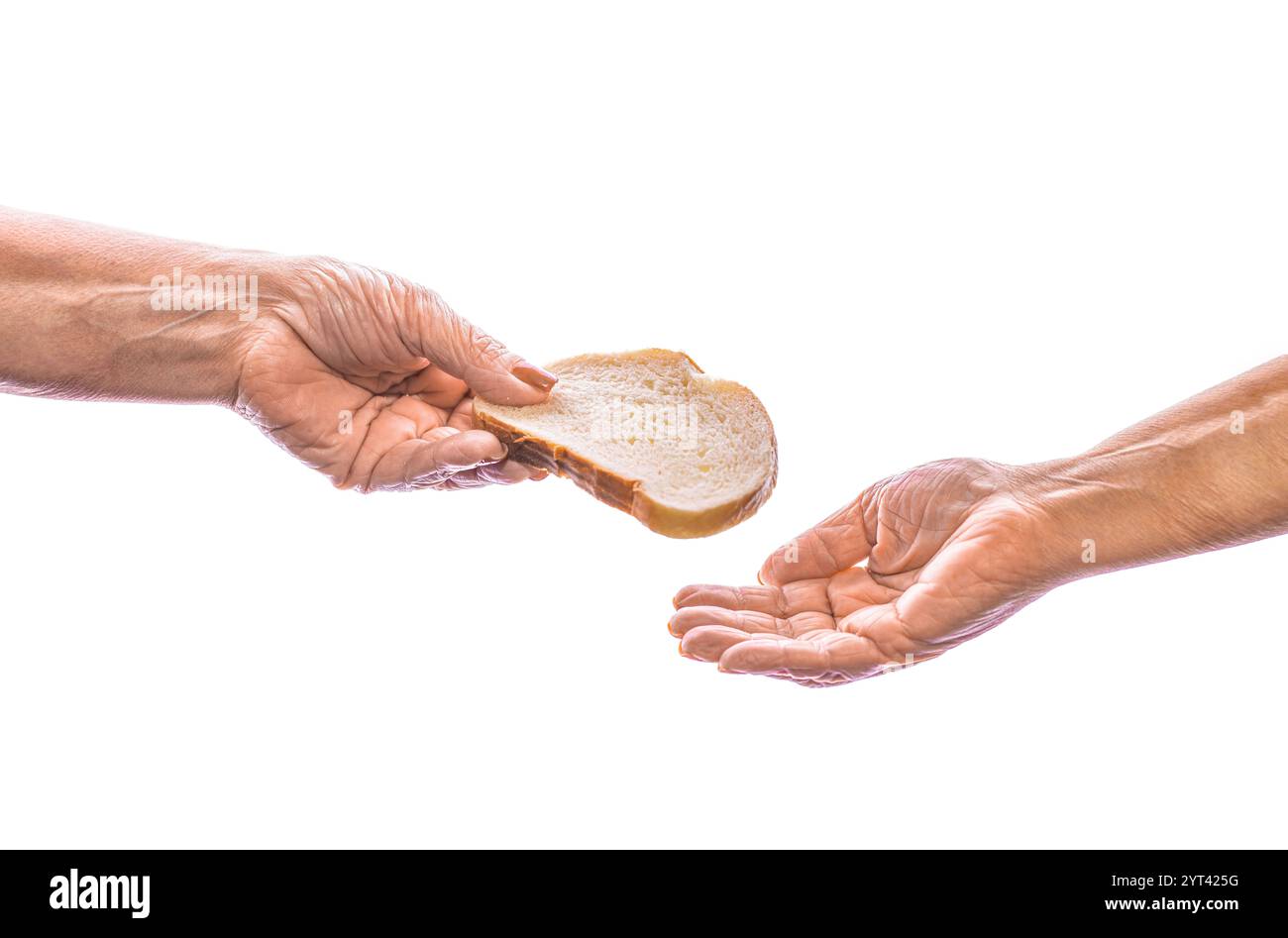 Woman giving poor homeless person pieces of bread, closeup. Old woman's ...