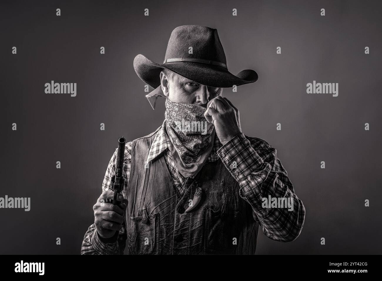 Bandit in mask, western man with hat. Portrait of farmer or cowboy in ...