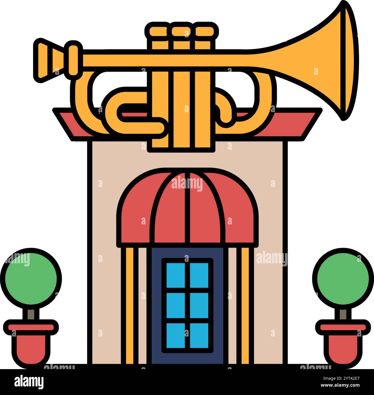 A building with a large trumpet on top of it. The trumpet is yellow and ...