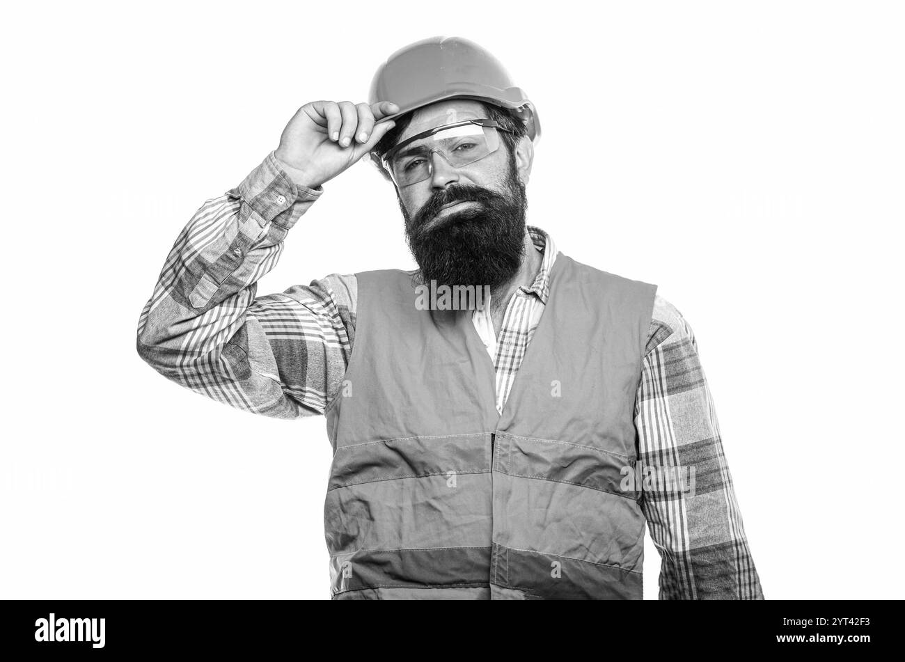 Man worker with beard in building helmet or hard hat. Builder in hard ...