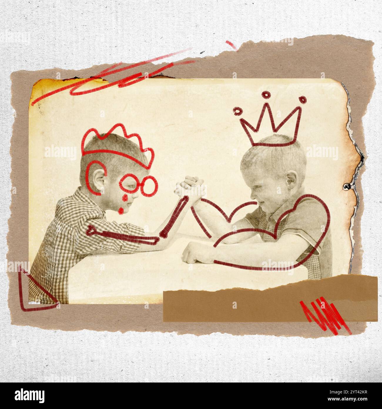 Two boys, kids arm wrestling, with playful red hand-drawn doodles ...