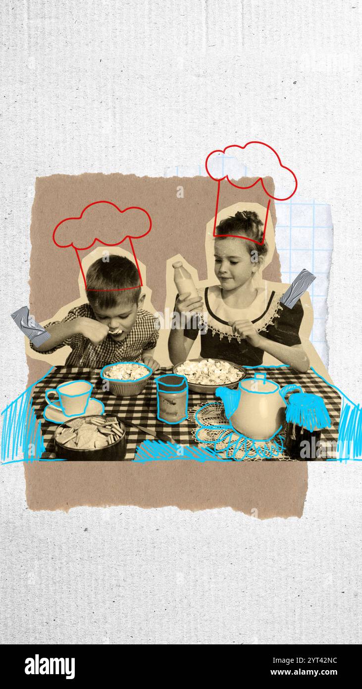 Vintage photo of children enjoying meal together with hand-drawn ...