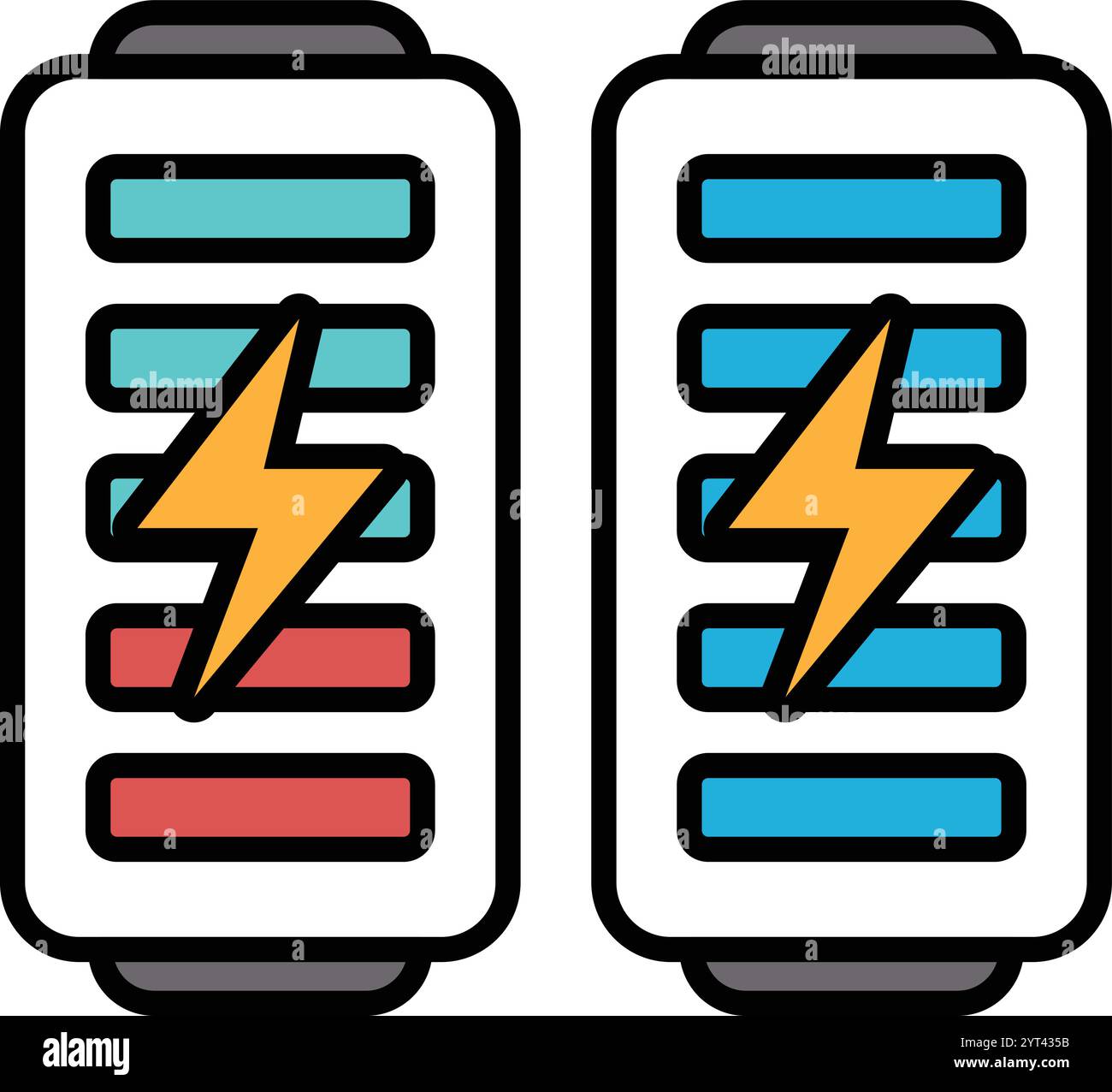 Two batteries with a lightning bolt on them. The batteries are charged and ready to use. Concept ...