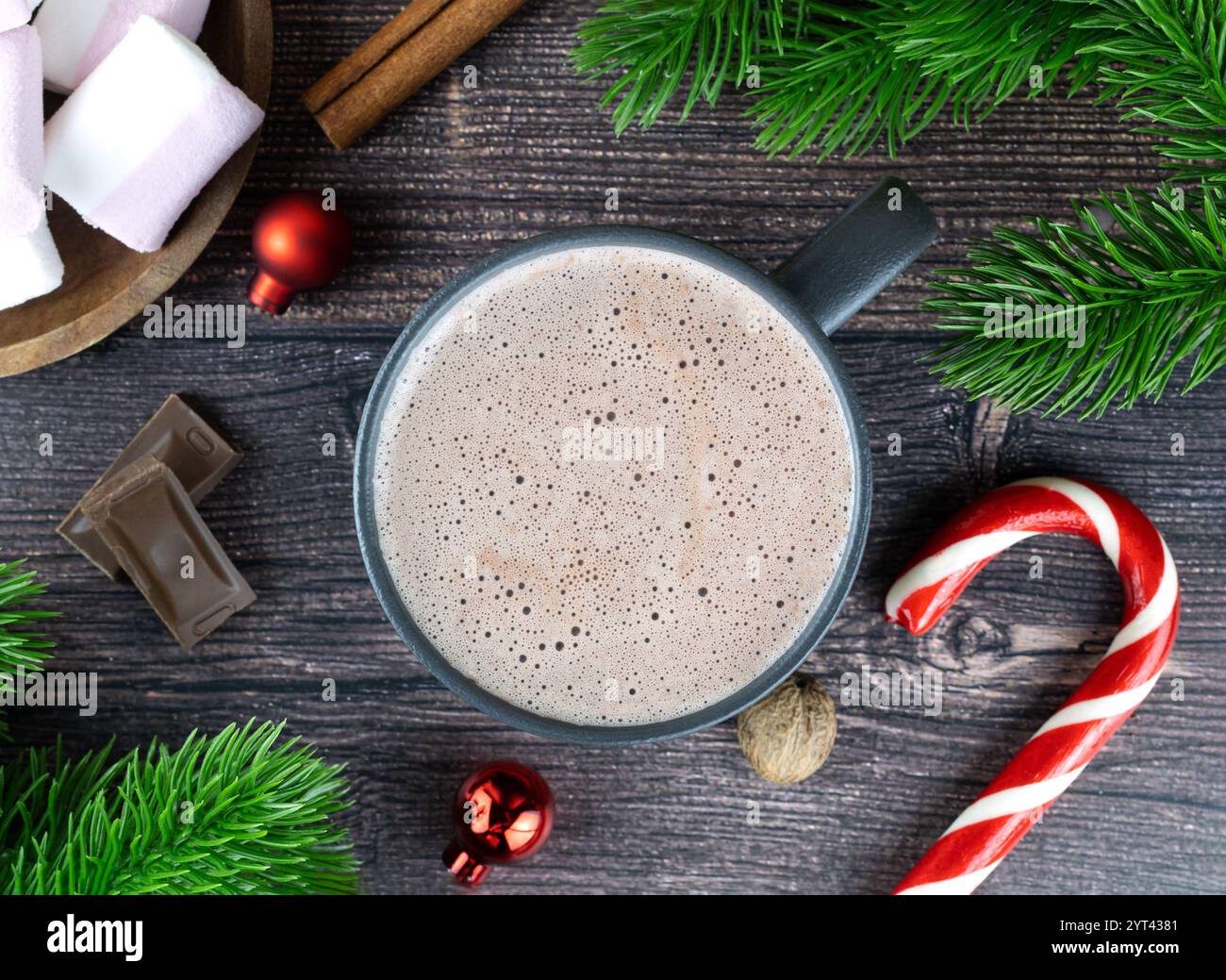 Delicious hot winter cocoa drink with chocolate pieces, marshmallows ...