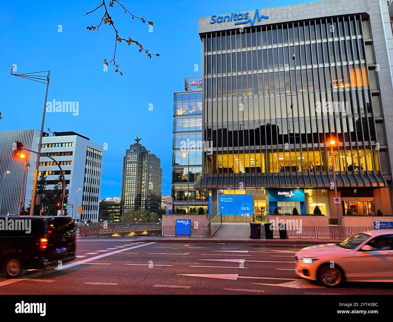 Modern buildings, night view. Serrano street, Madrid, Spain Stock Photo ...