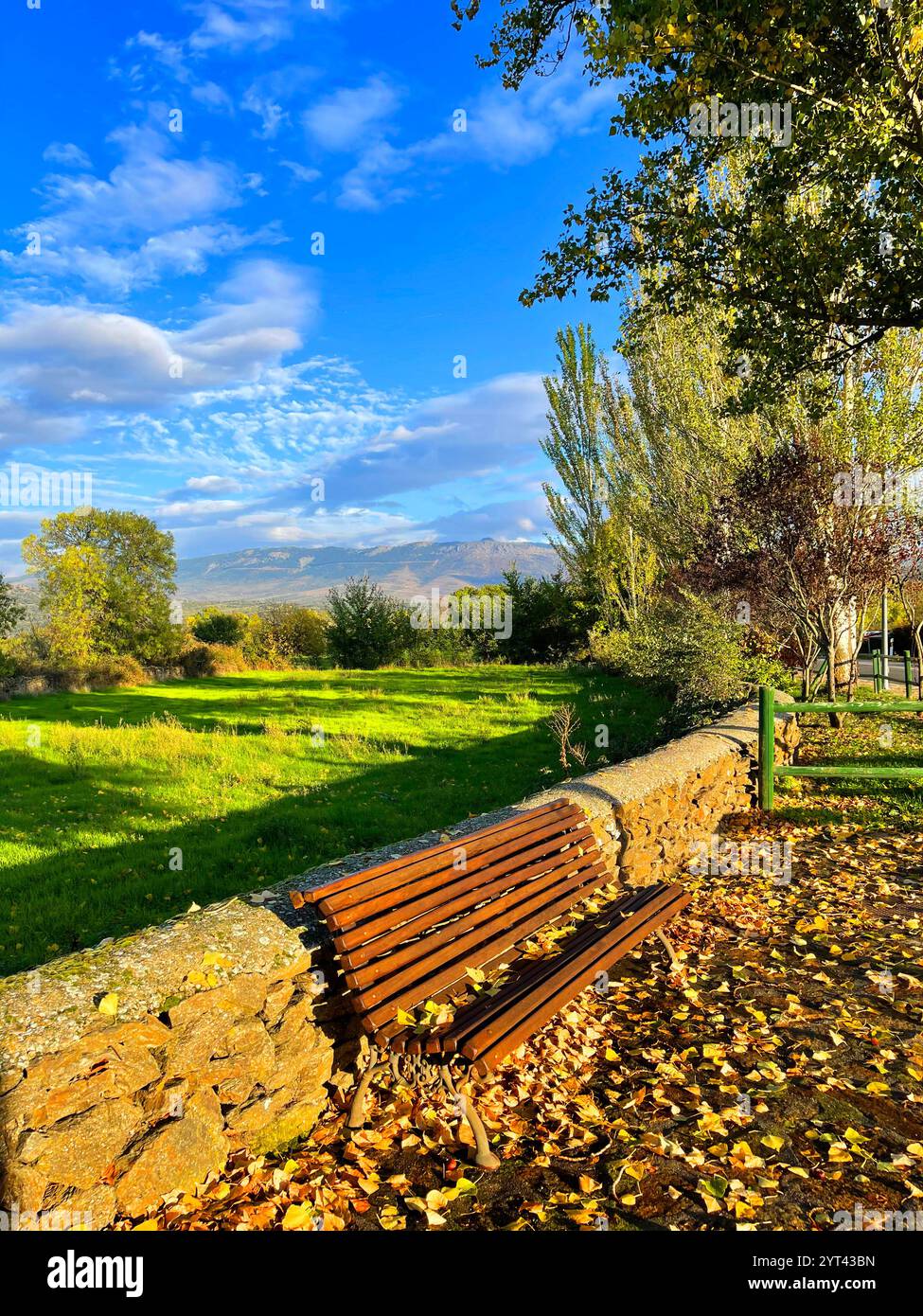 Wooden bench and landscape. Piñuecar, Madrid province, Spain Stock ...