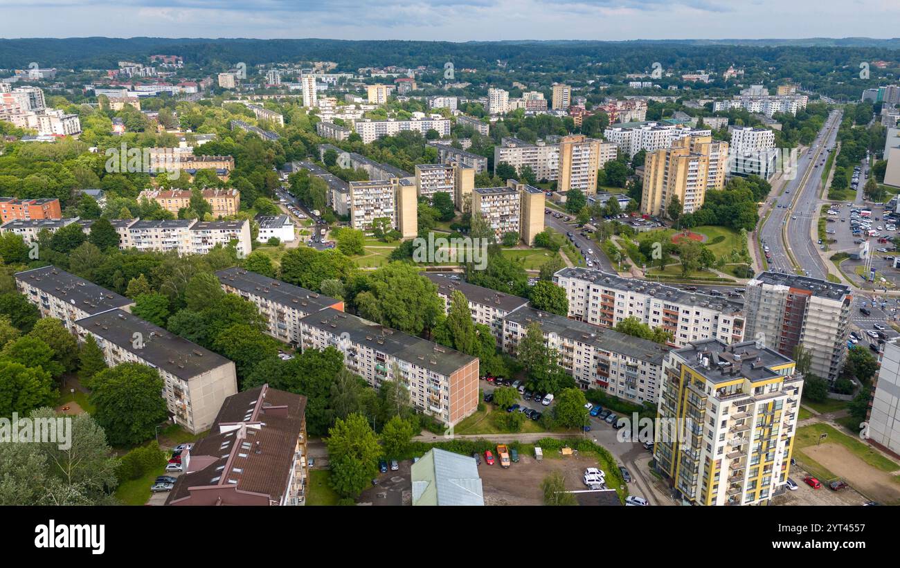 Aerial view of a suburban area with a mix of residential buildings ...