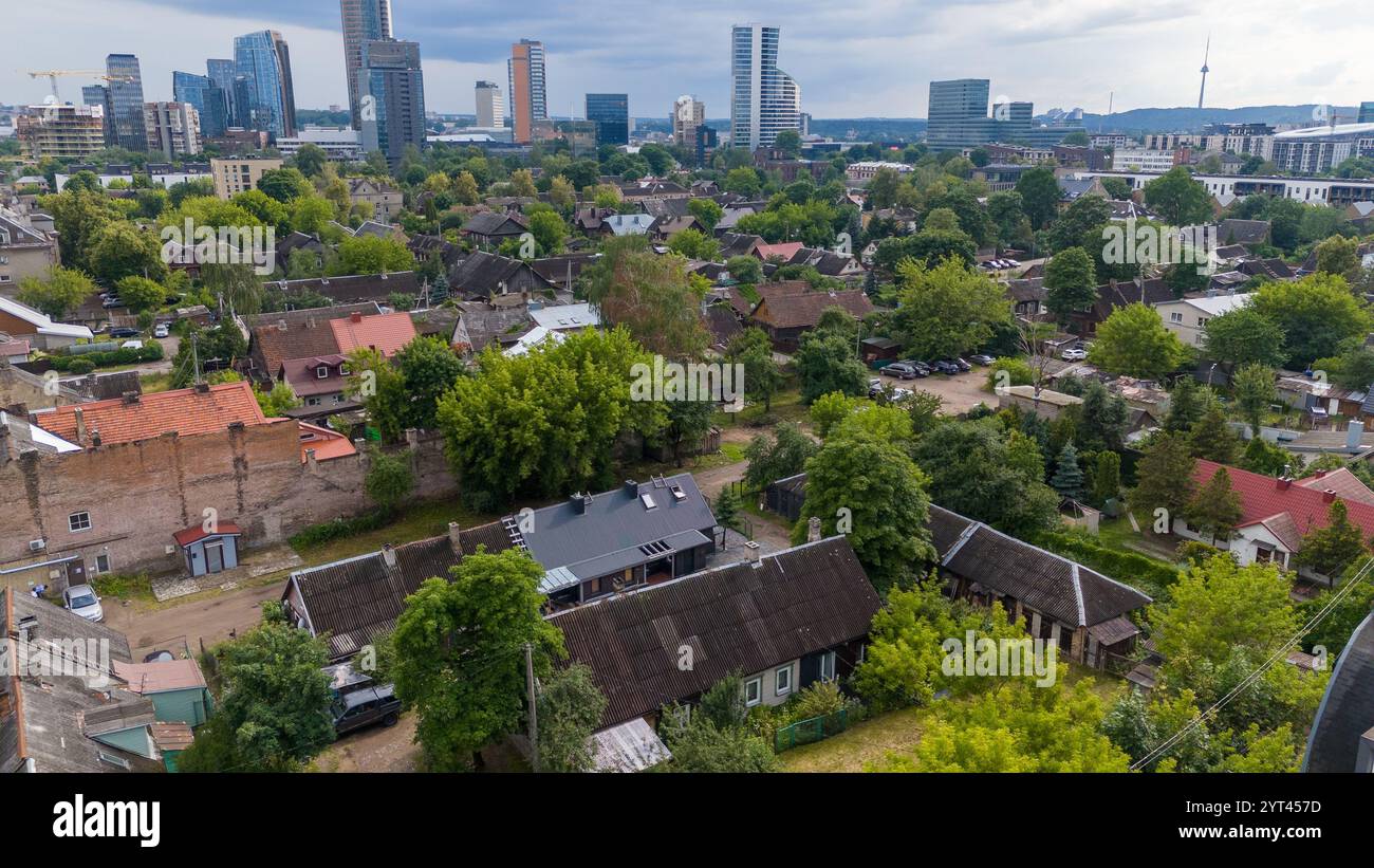 Aerial view of a cityscape with a mix of modern skyscrapers and older ...