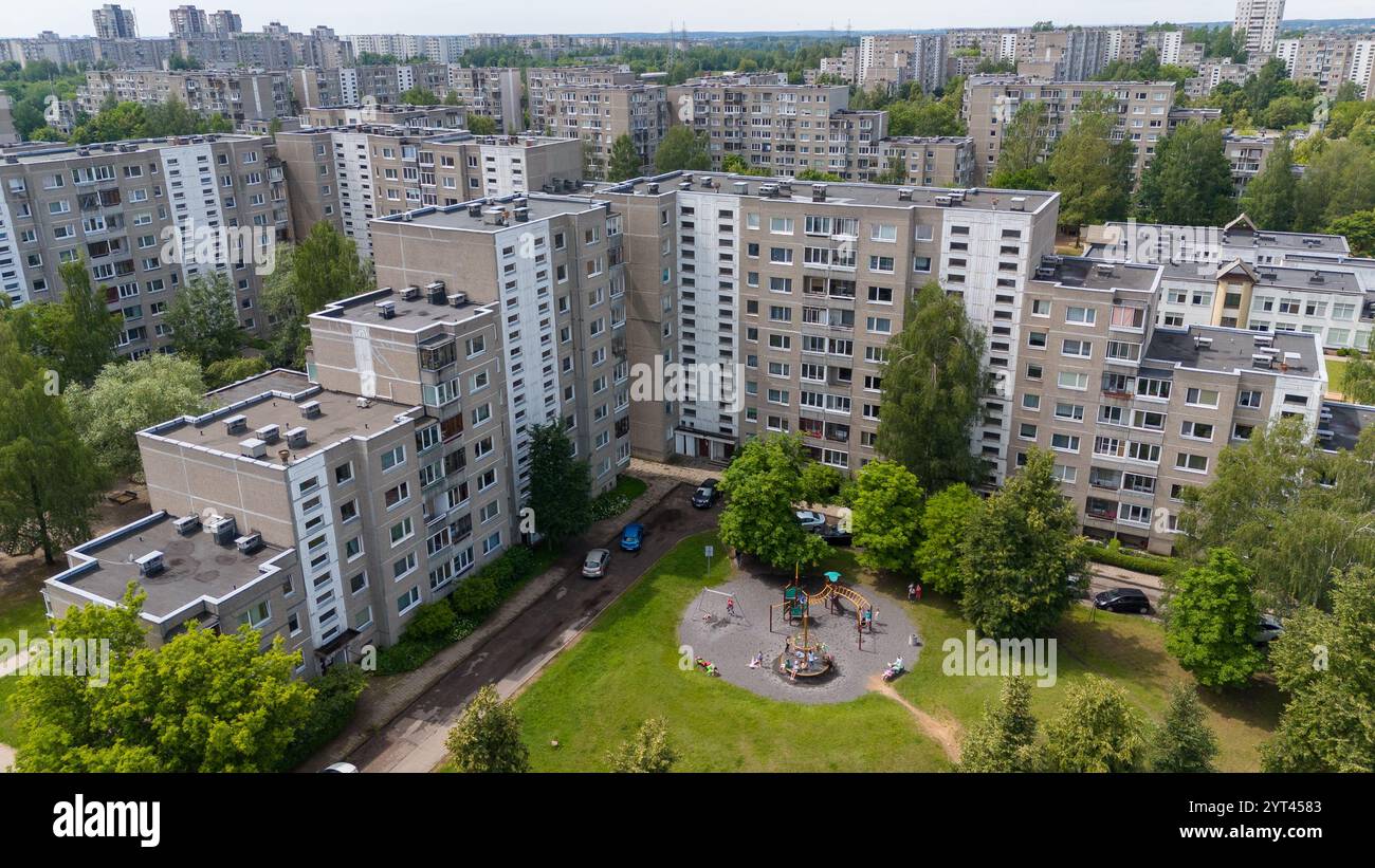 Aerial view of a residential area with Soviet-style apartment buildings ...