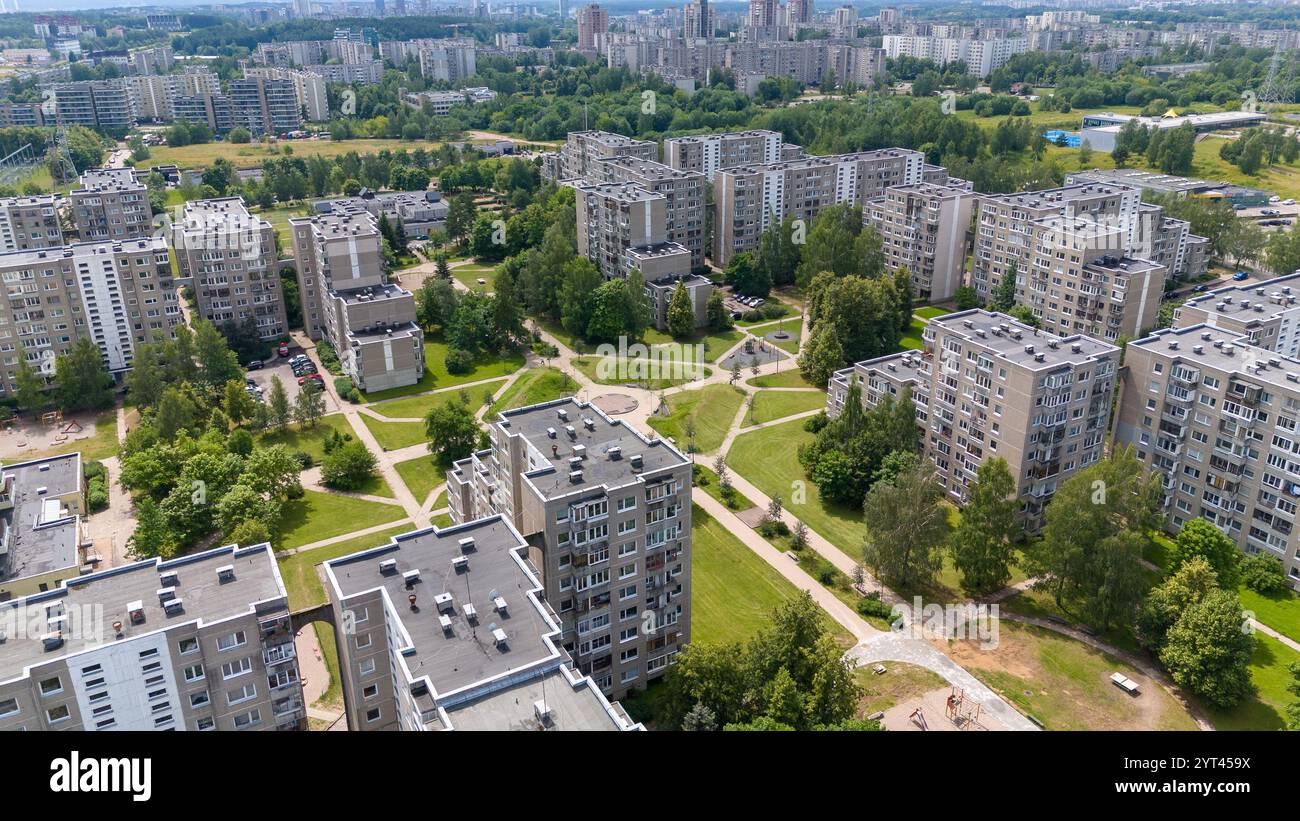 Aerial view of a residential area with multiple apartment buildings ...