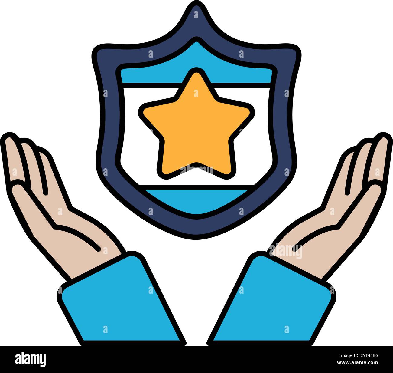 A blue shield with a star on it and two hands holding it. The shield is ...