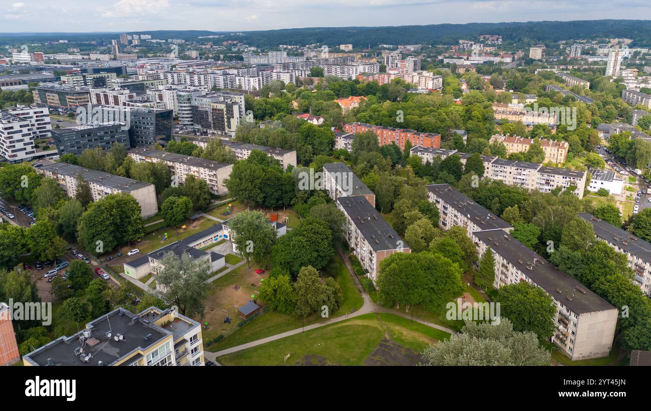 Aerial view of a residential area with apartment buildings surrounded ...