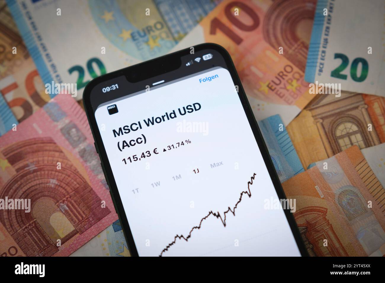 Stock market chart of the MSCI World ETF on a background consisting of ...