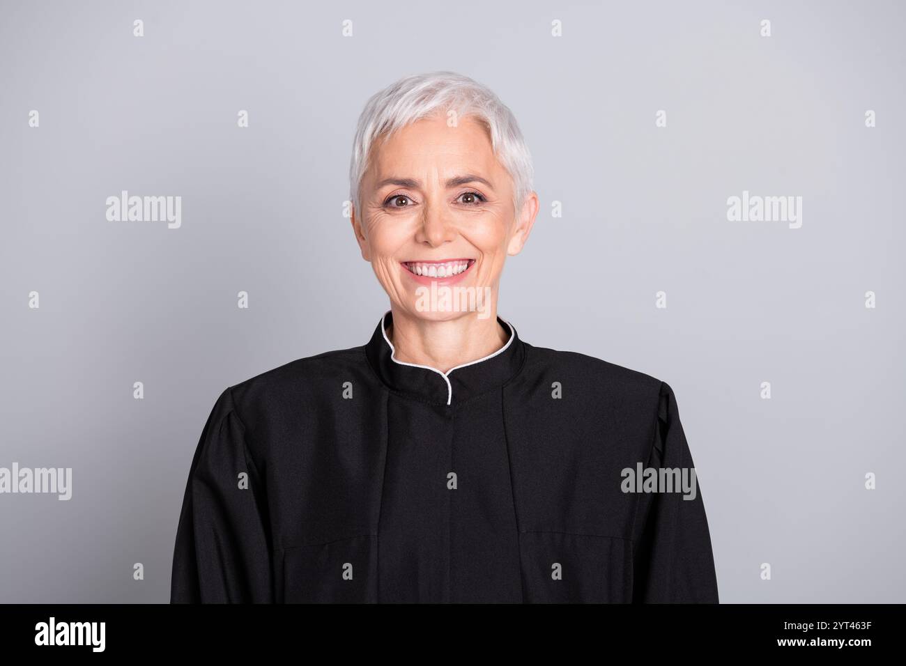 Photo of happy judge old woman smiling wear black robe isolated pastel ...