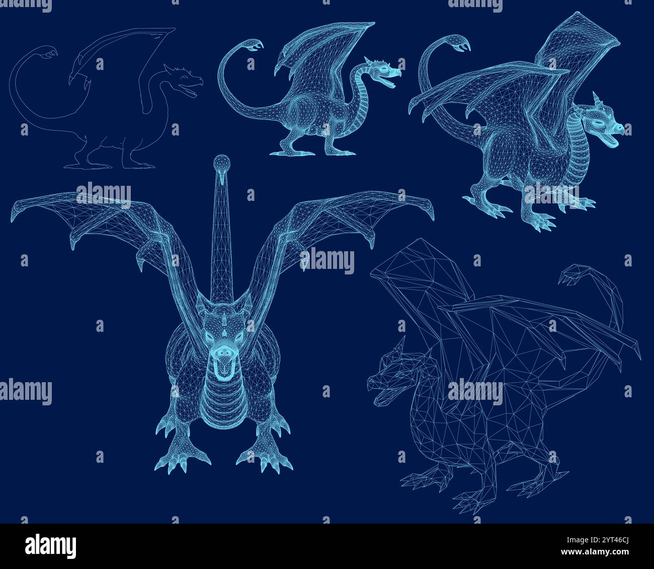 Dragons Set wireframe Illustration, Fantasy Stencil, Mythical Creature Vector, Tattoo Designs ...