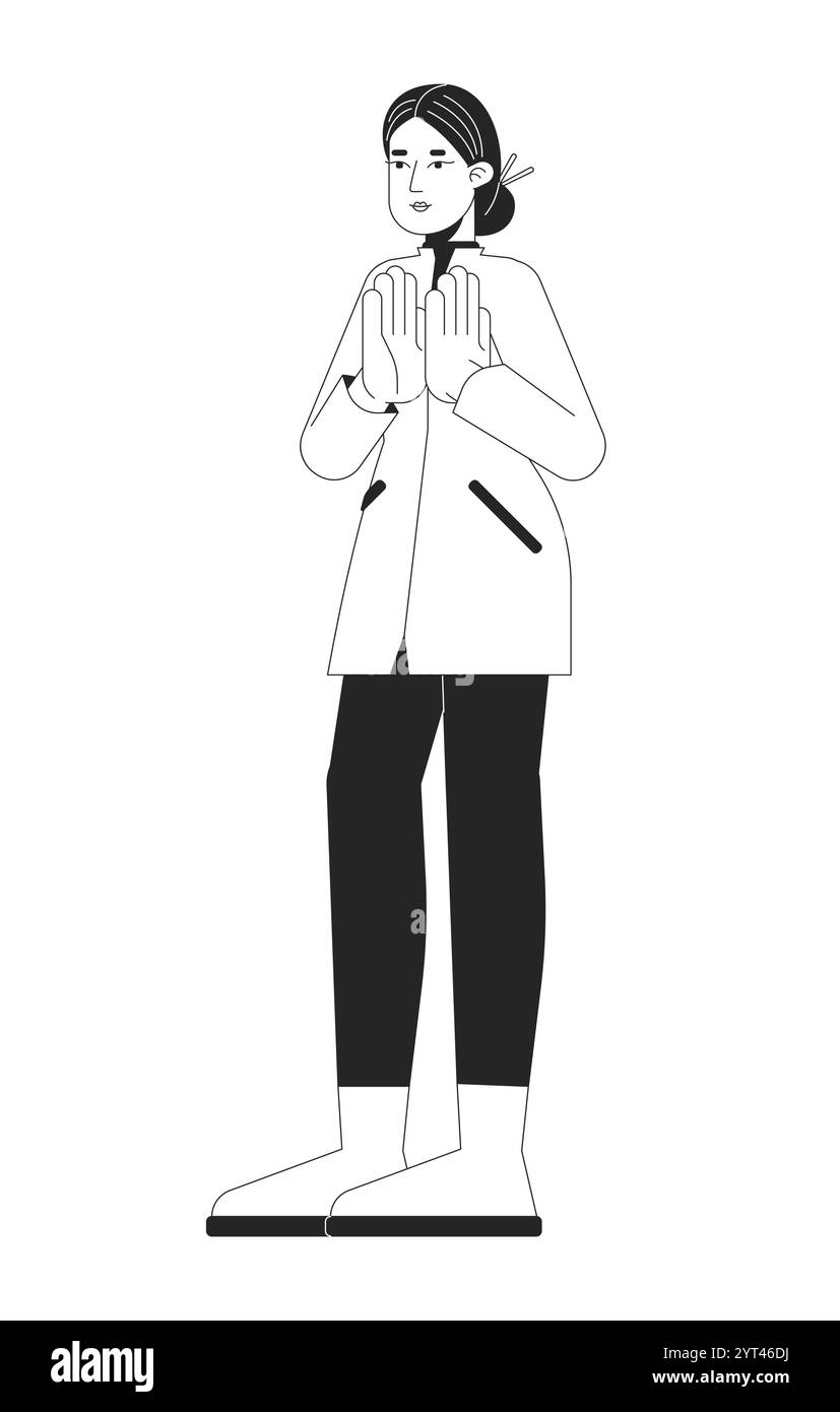 Modern chinese woman in autumn coat clapping hands black and white 2D line character Stock ...