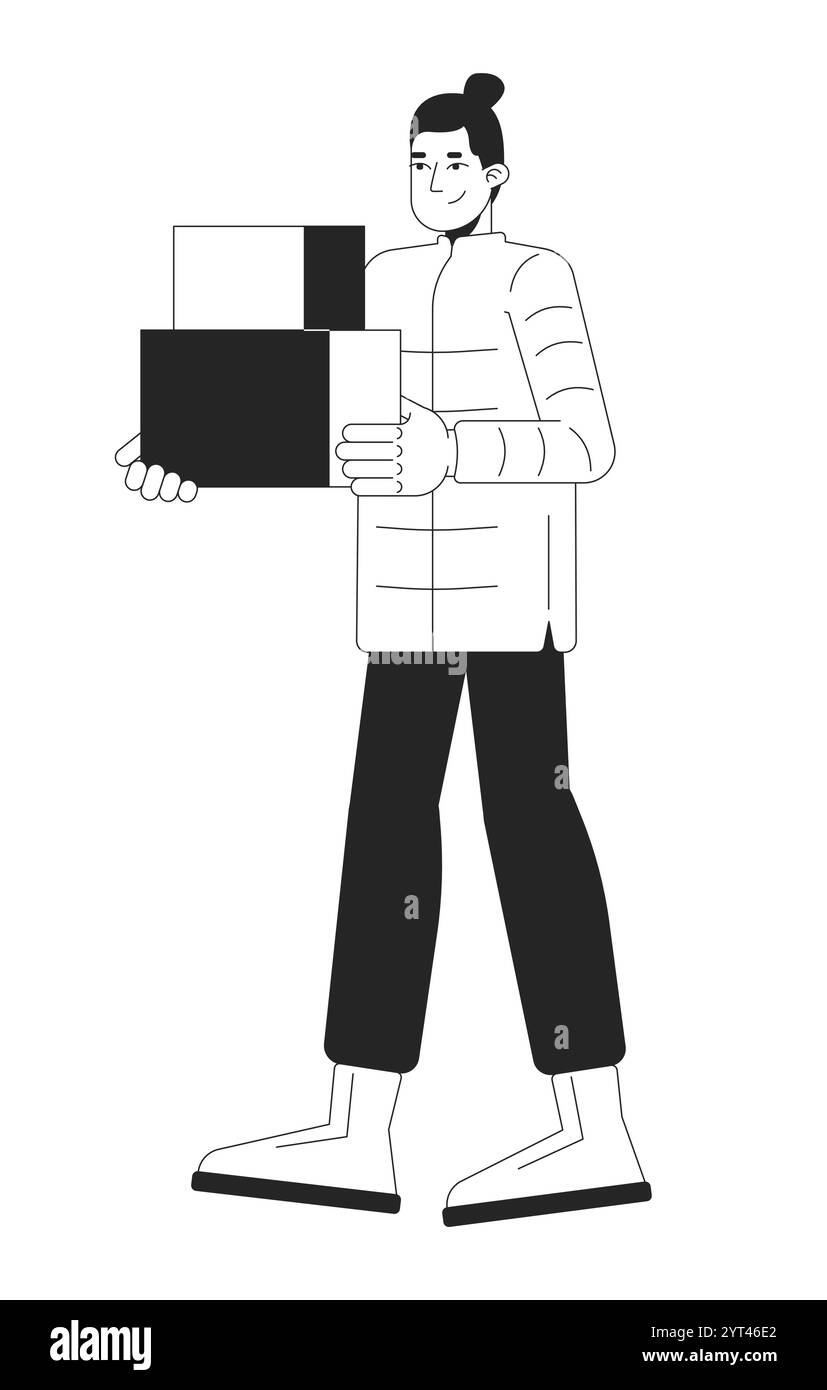 Winterwear chinese man carrying cardboard boxes black and white 2D line character Stock Vector ...
