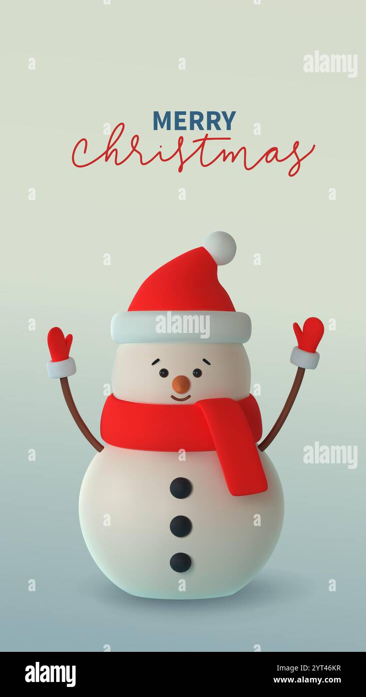 Cheerful 3D snowman in red Santa hat and scarf, waving joyfully. Set ...