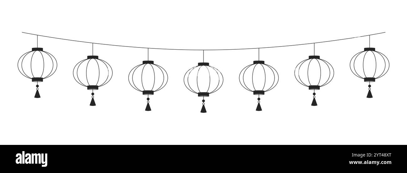 Paper lanterns hanging on string black and white 2D line object Stock ...
