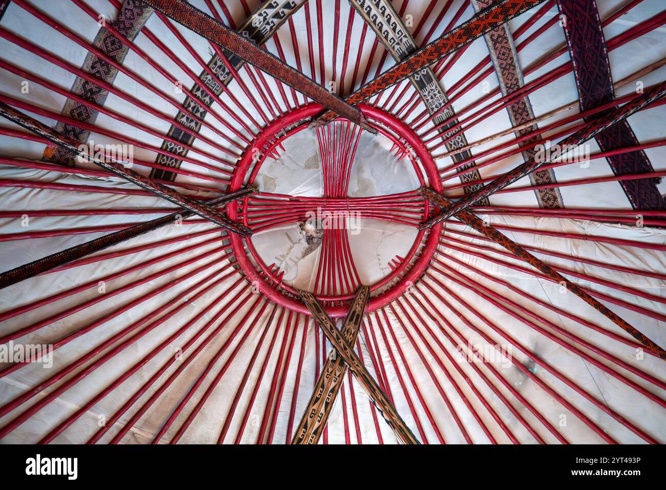 Interior decoration of the yurt. Living room with stove. traditional ...