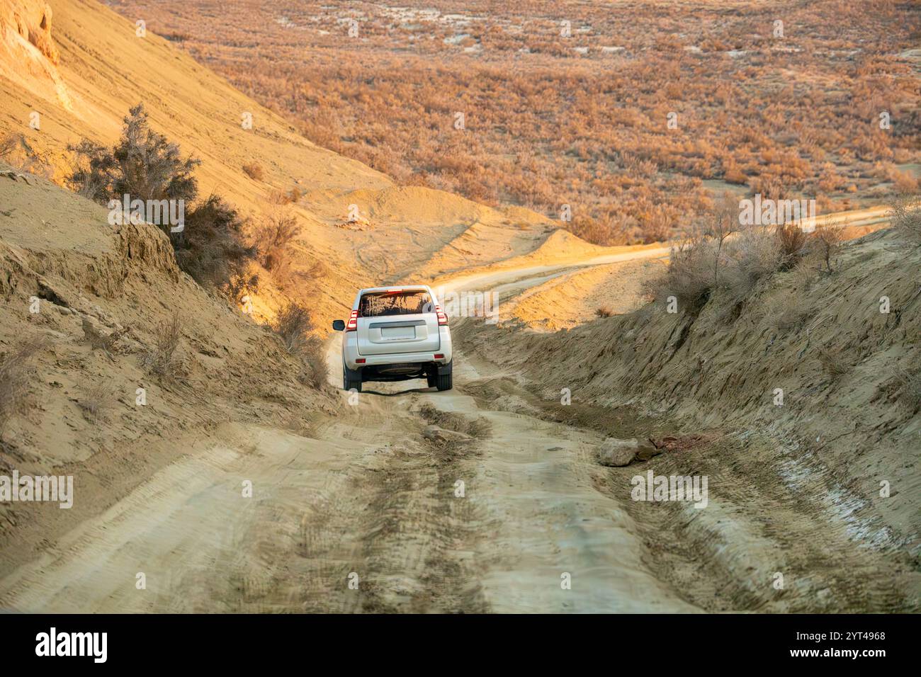 SUV (4x4, 4WD) drives off-road in deep sand in huge desert sand dunes ...