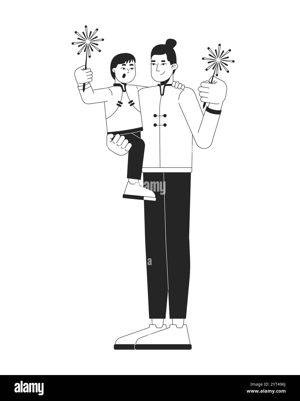 Chinese father with son in tang suits holding sparkler sticks black and ...