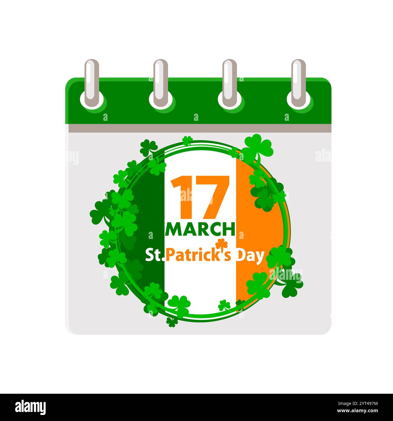 Calendar with St.Patricks Day, Date 17 march in clovers wreath and ...