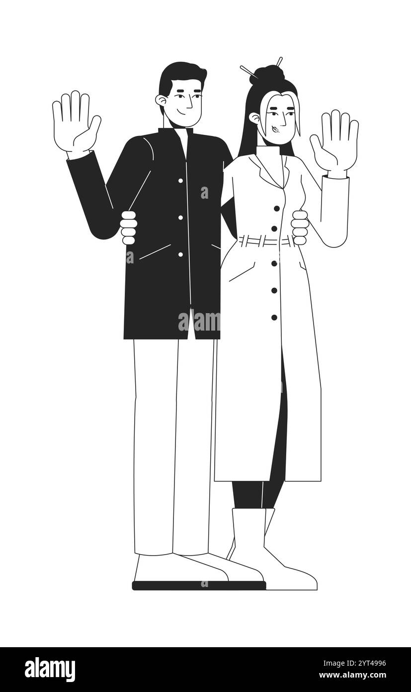 Fashionable chinese couple in winter outerwear waving hands black and white 2D line characters ...