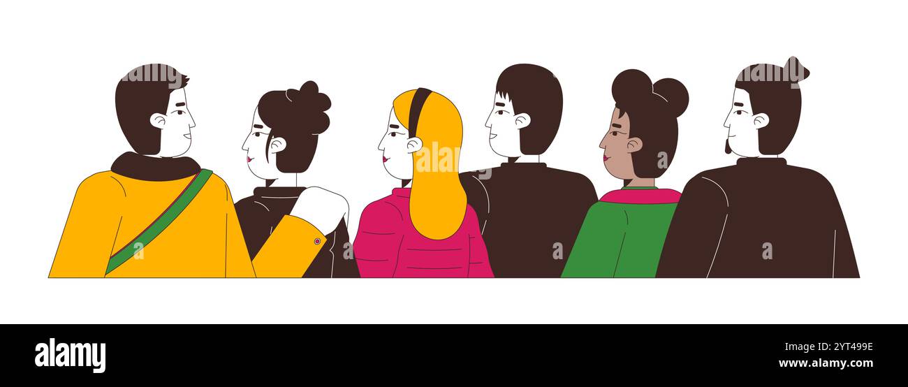 Urban diverse people in winter outerwear gazing 2D cartoon characters ...