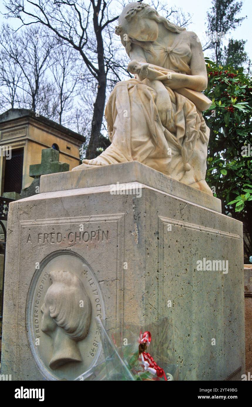 Polish composer, pianist Fryderyk Chopin tombstone, with statue of muse ...