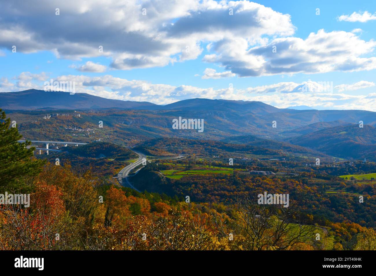View of Slavnik hill and Kraški rob bellow with Črni Kal viaduct and ...