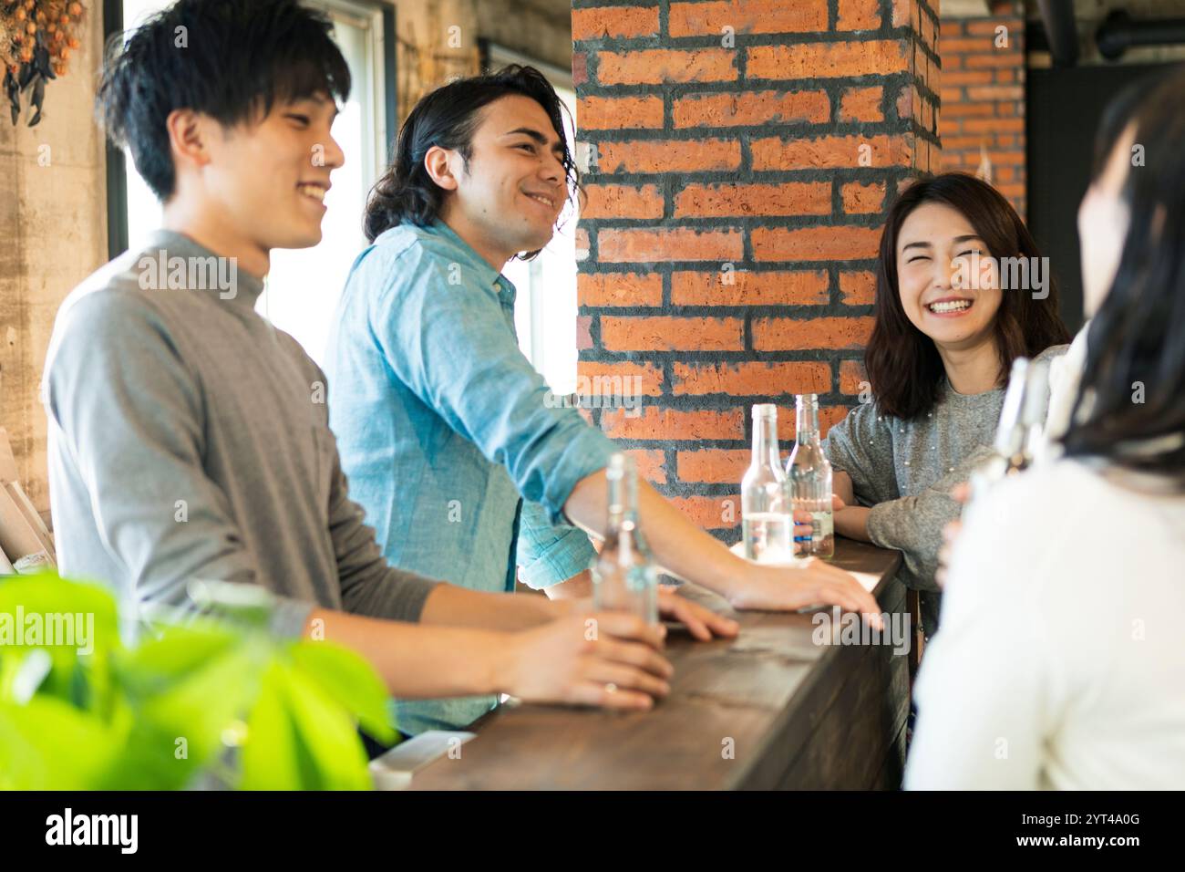 Group of men and women chatting at a bar counter Stock Photo - Alamy